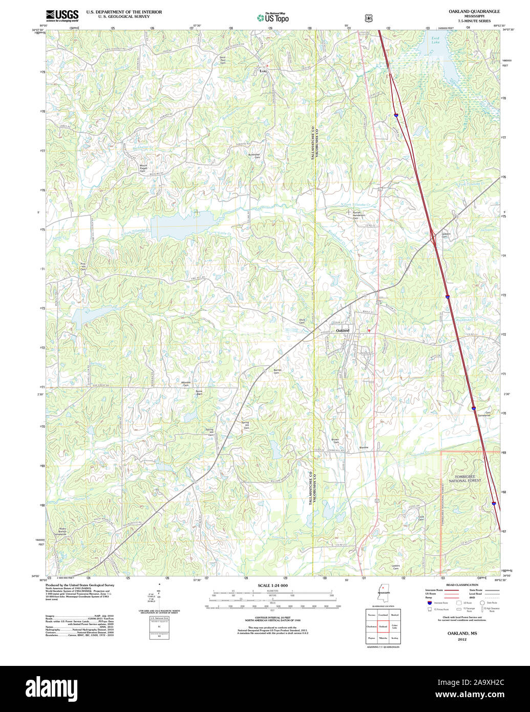 USGS TOPO Map Mississippi MS Oakland 20120329 TM Restoration Stock ...