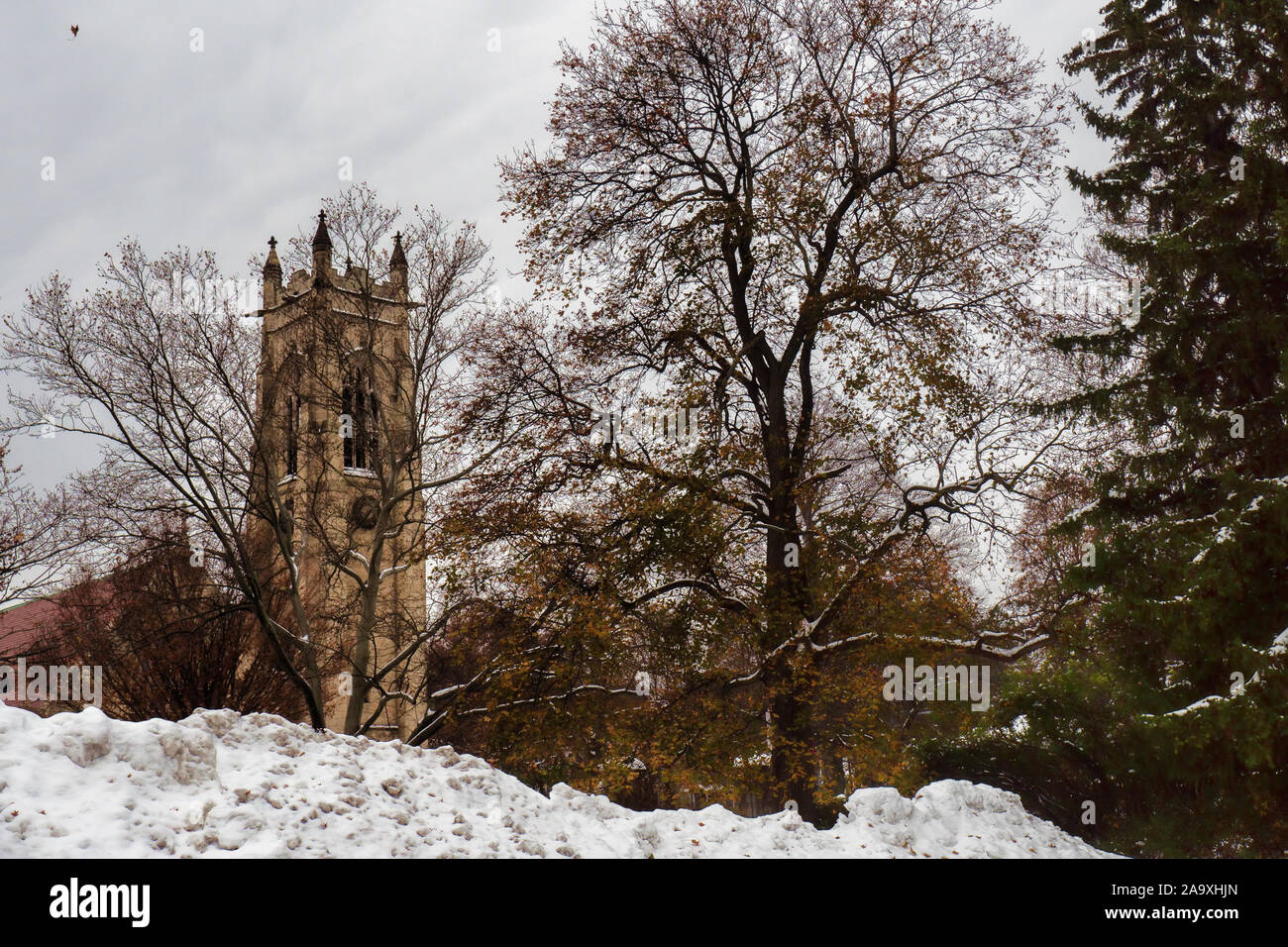 Rochester, New York, USA. November 15, 2019. Bell tower of St. Paul's ...