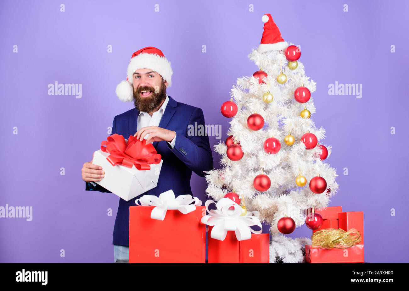 Christmas gifts and decorations. Secret Santa concept. Buy present ...