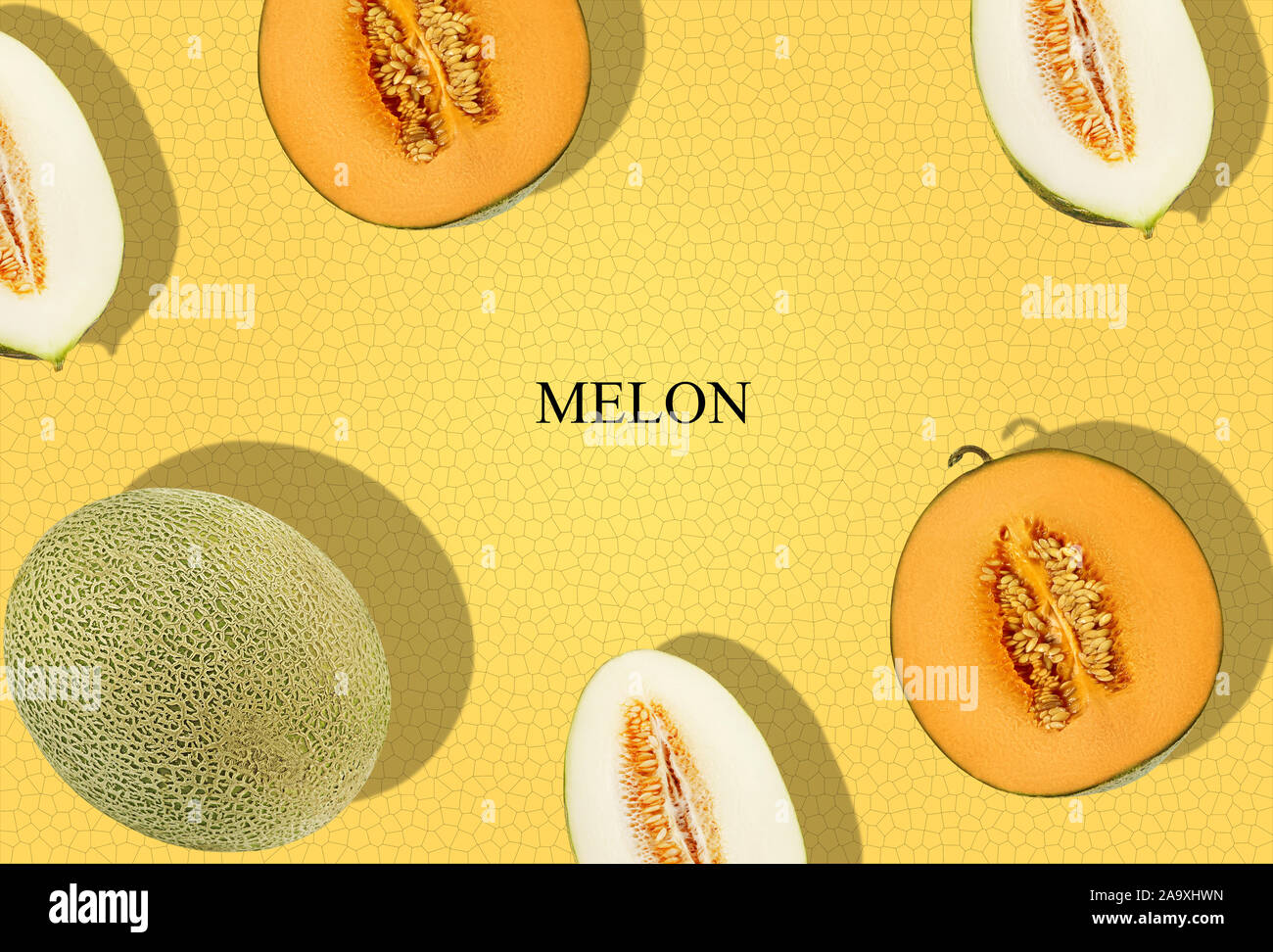 Melons of different varieties, whole and halves, on yellow background ...