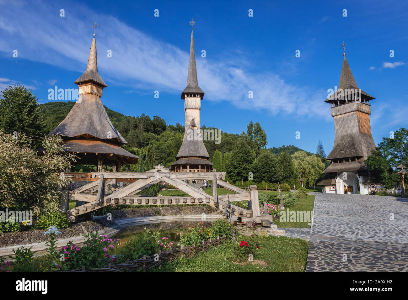 Summer altar, church and main gateway of monastery in Barsana village ...