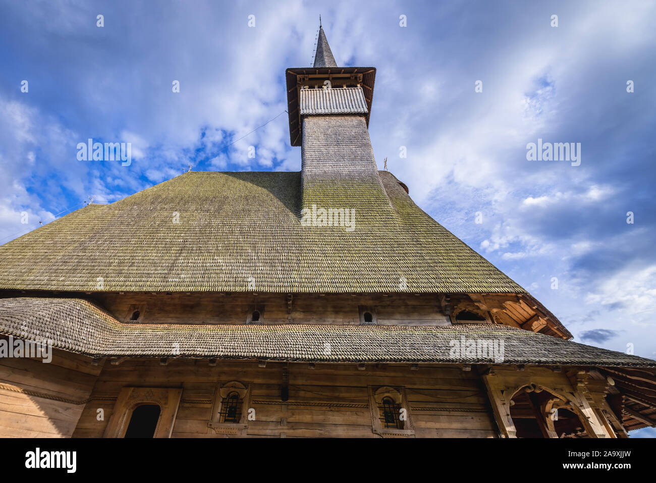 Wooden main church of monastery in Barsana village, located in Maramures County of Romania Stock ...