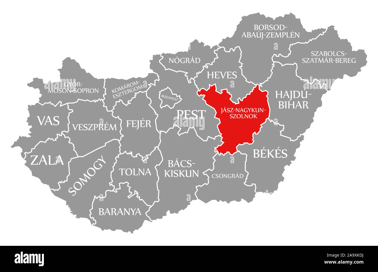 Jasz-Nagykun-Szolnok red highlighted in map of Hungary Stock Photo - Alamy