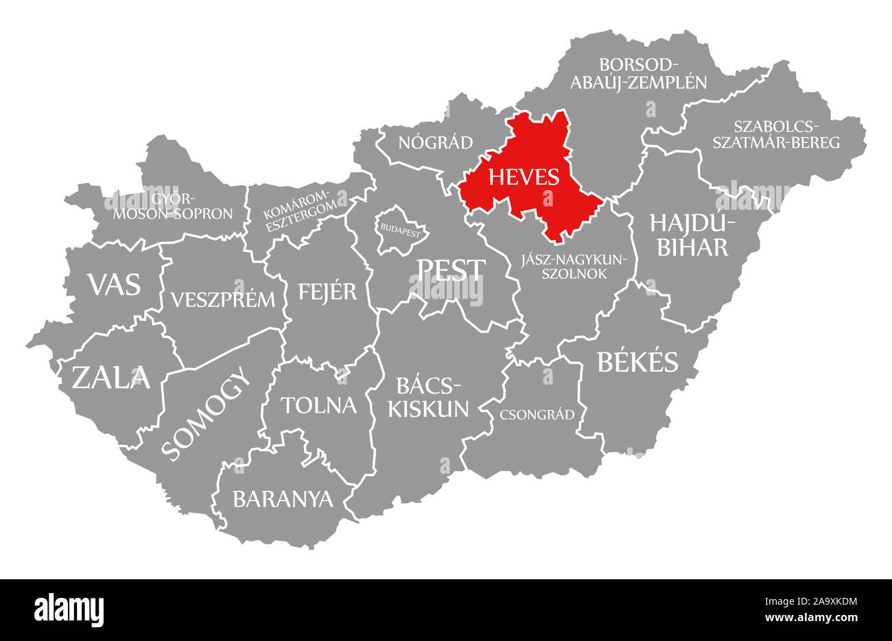 Heves red highlighted in map of Hungary Stock Photo - Alamy