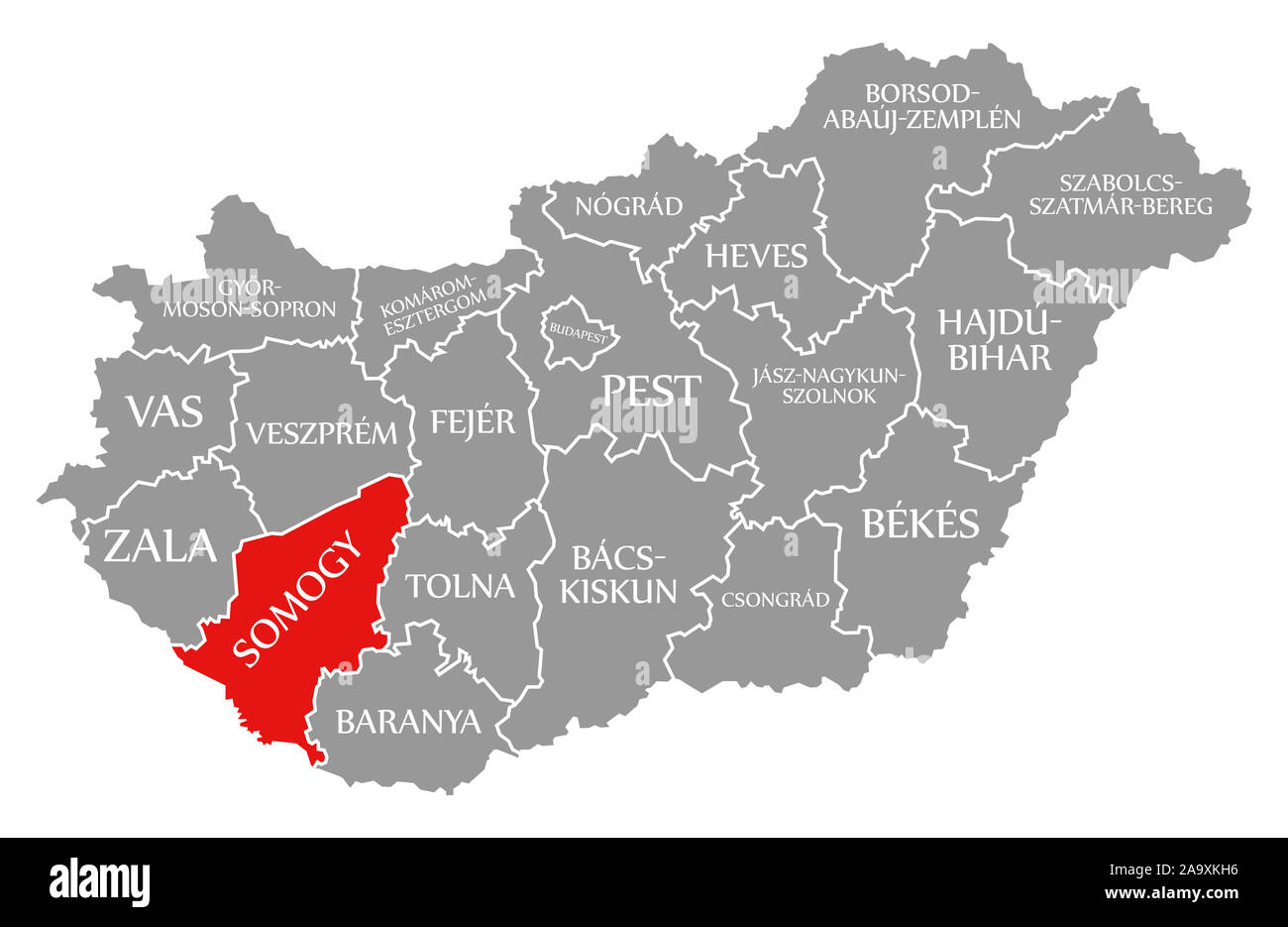 Somogy red highlighted in map of Hungary Stock Photo - Alamy