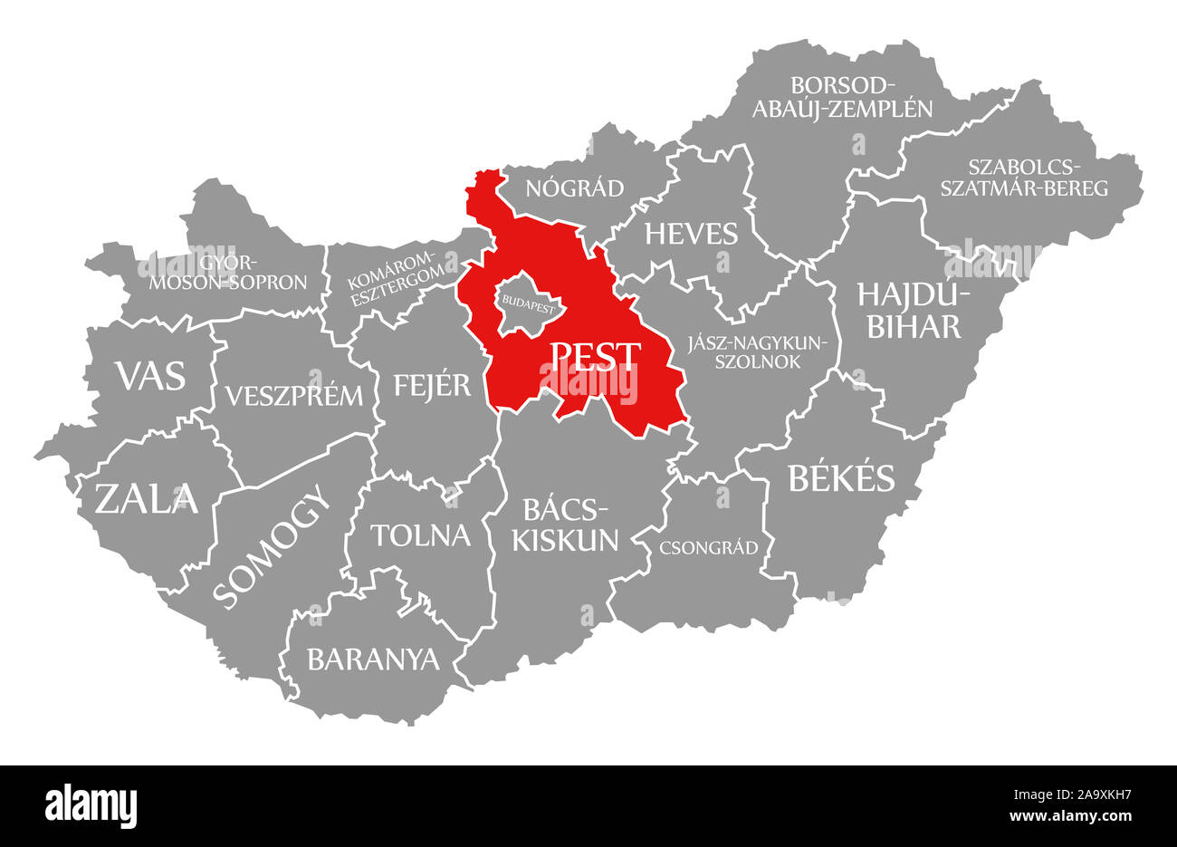 Pest red highlighted in map of Hungary Stock Photo - Alamy
