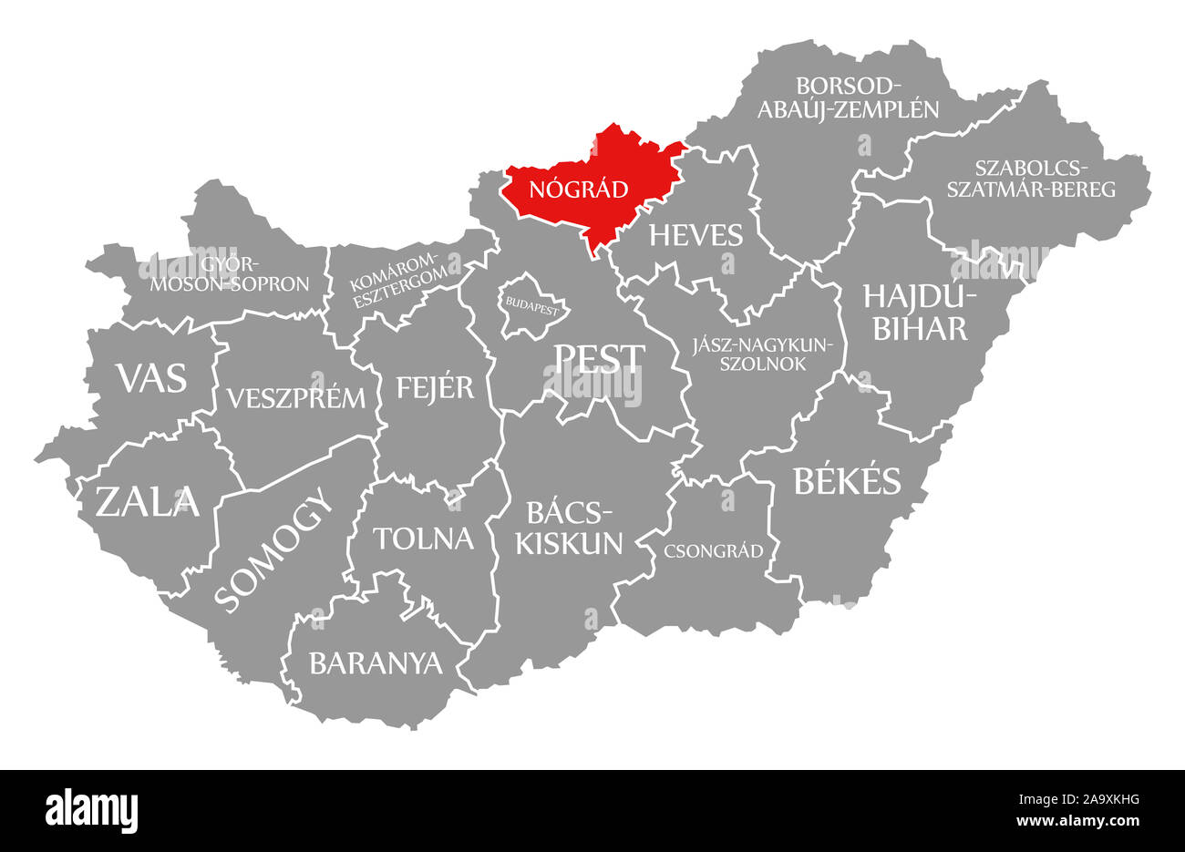 Nograd red highlighted in map of Hungary Stock Photo - Alamy
