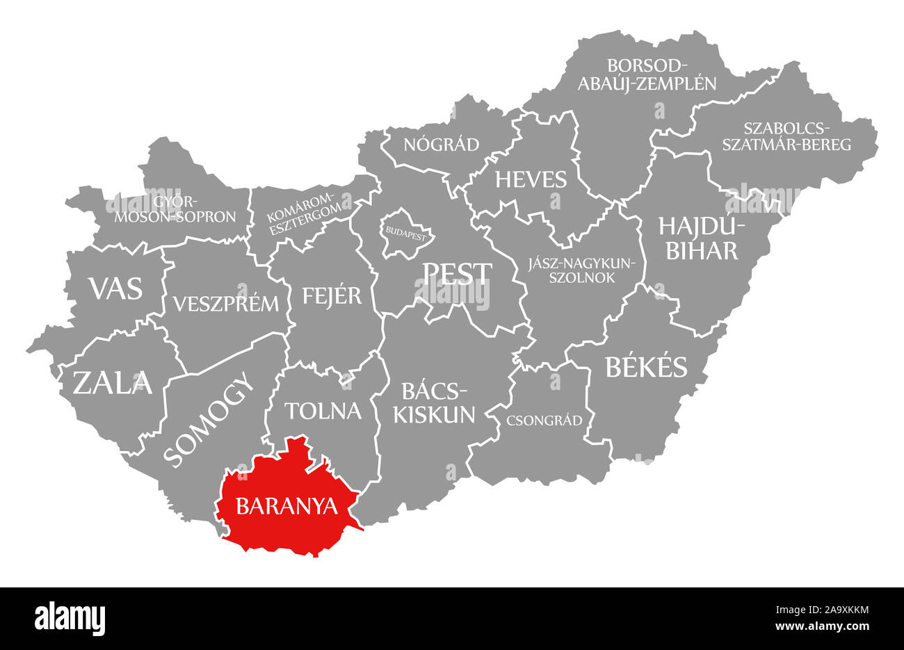 Baranya red highlighted in map of Hungary Stock Photo - Alamy