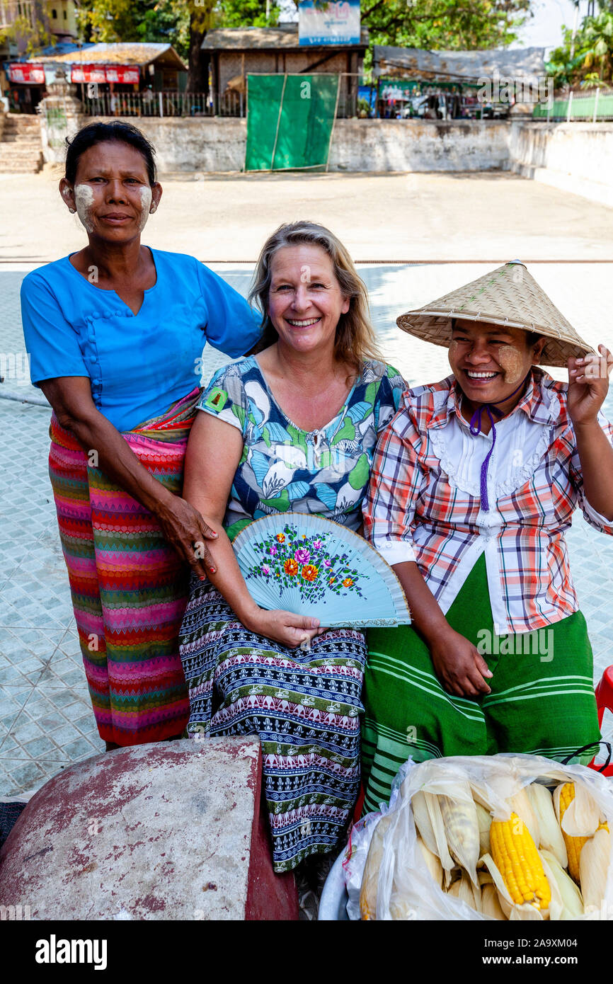 A Tourist Poses With Friendly Locals, Mingun, Mandalay, Myanmar Stock ...