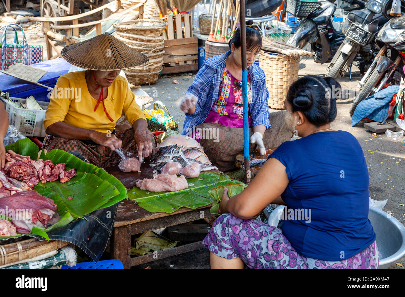 Burmese Women Selling Meat and Fish At A Street Market, Mandalay ...