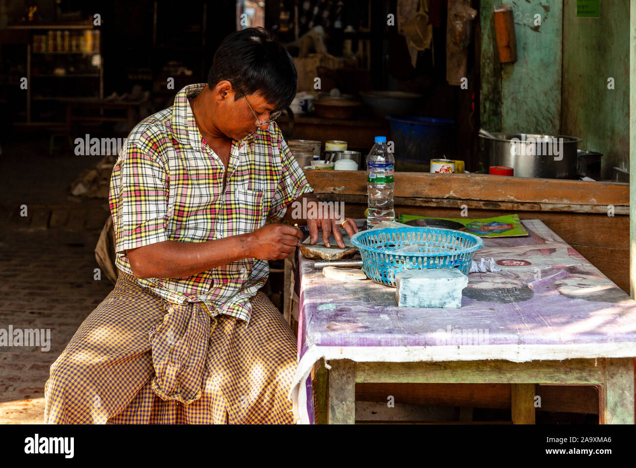 A Burmese Man Working In A Jade Workshop, Mandalay, Myanmar Stock Photo ...