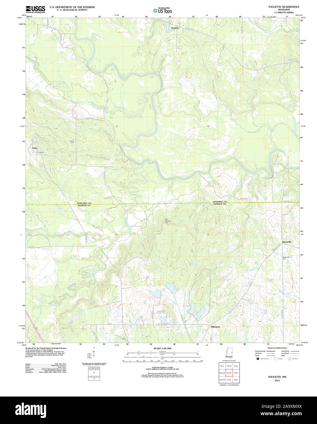 USGS TOPO Map Mississippi MS Paulette 20120320 TM Restoration Stock ...