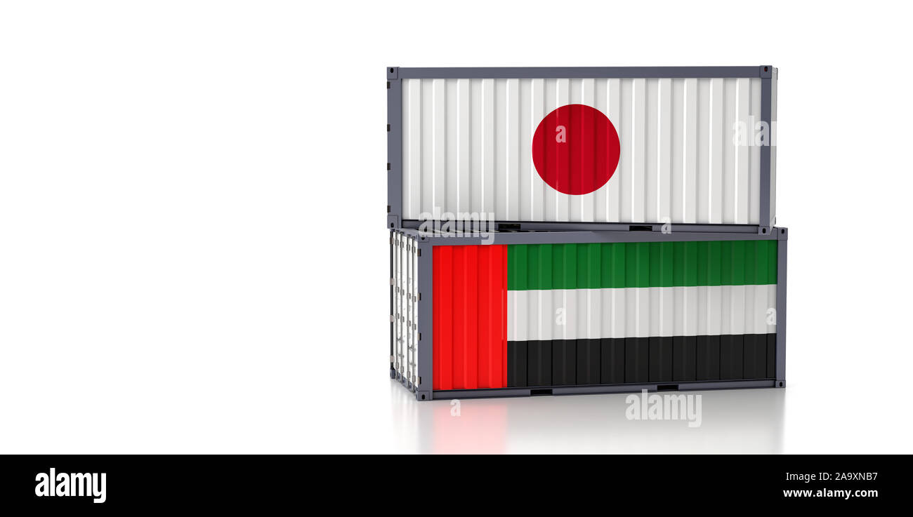 Two freight container with United Arab Emirates and Japan national flag ...