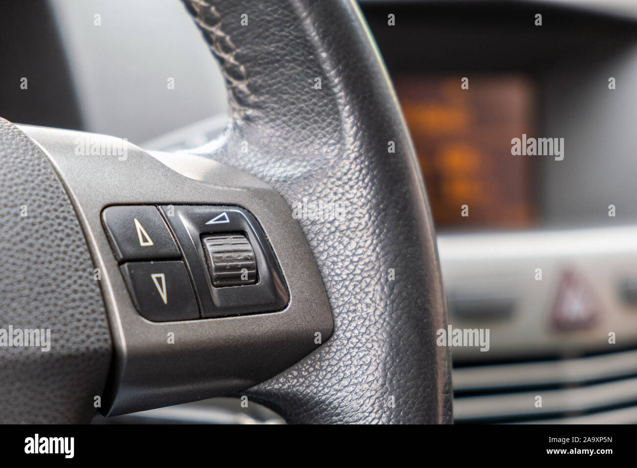 Closeup detail view of a steering wheel of a car Stock Photo - Alamy