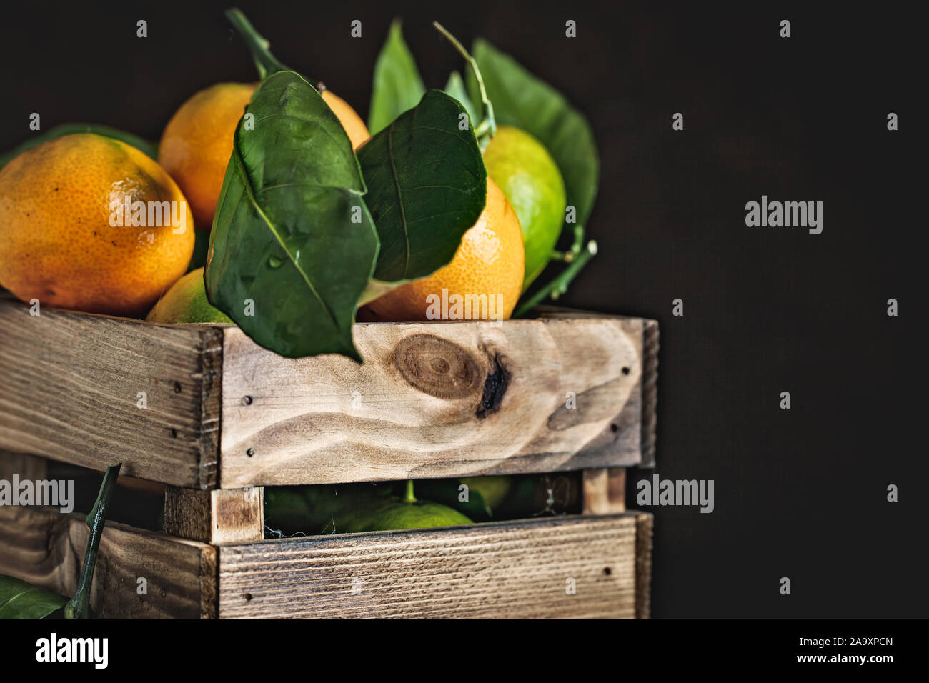 Tangerines with leaves on an old fashioned country table. Selective ...