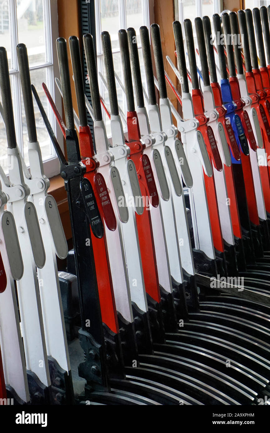 vintage railway signal box manual signal control levers Stock Photo - Alamy