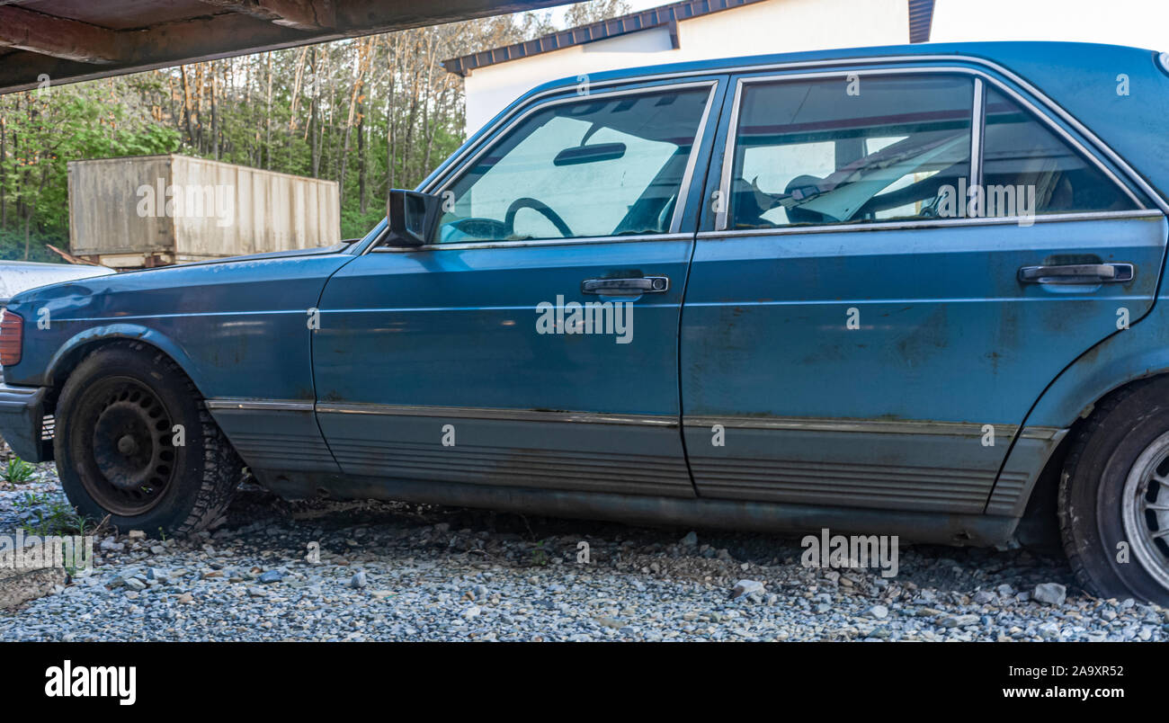 Warszawa, Poland, 19.04.2019: Classic car, broken blue car in the ...