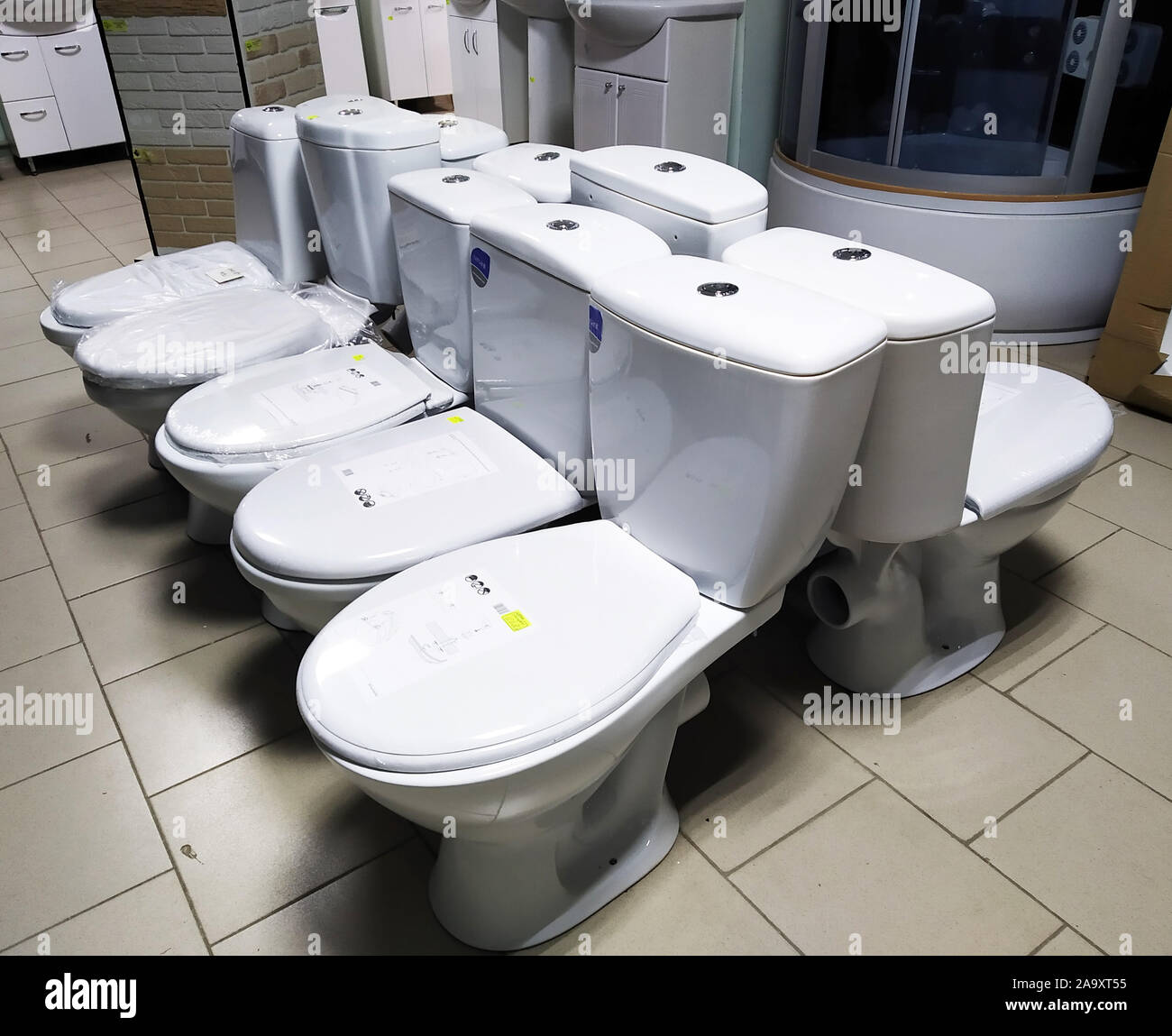 Bobruisk Belarus 19.09.2019: Sale in the plumbing store, toilets in the ...