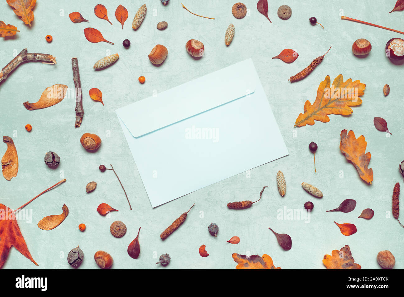 Blank post mail envelope mock up with autumn arrangement flat lay top ...