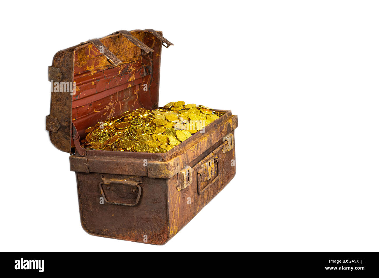 Stacking Gold Coin in treasure chest old steel on white background ...