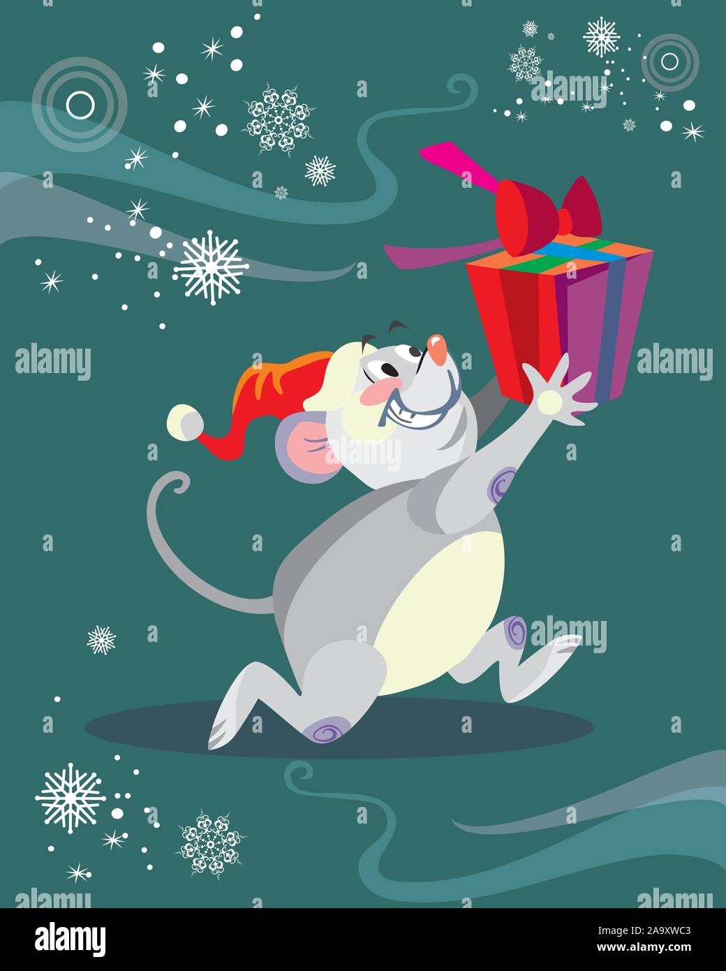 Vector illustration of cute mouse character running with gift on ...