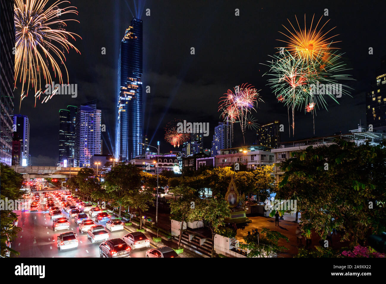 high view of city with fireworks Stock Photo - Alamy