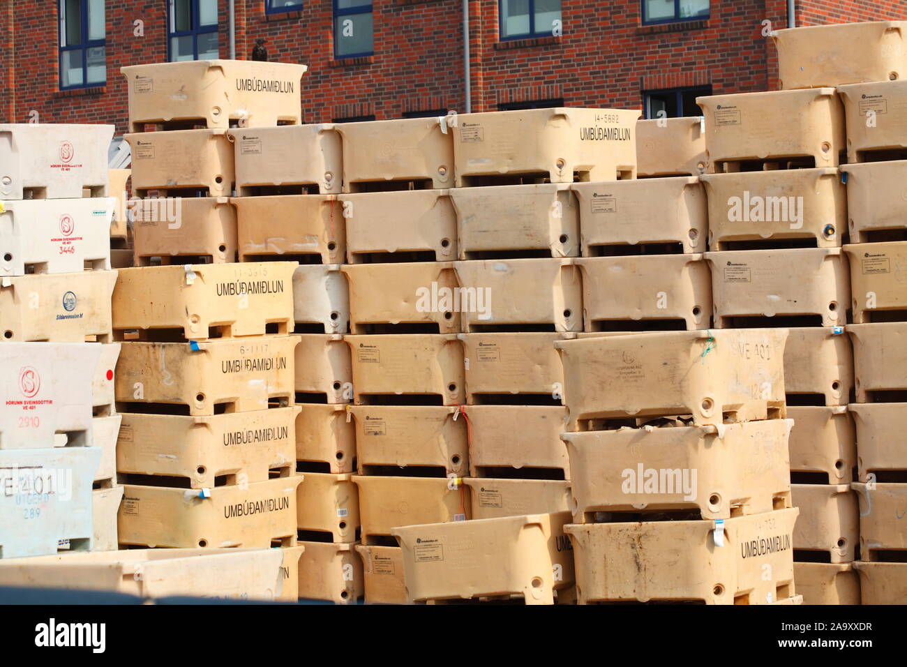 Stacked fish boxes, plastic boxes, fishing port, Bremerhaven, Bremen ...