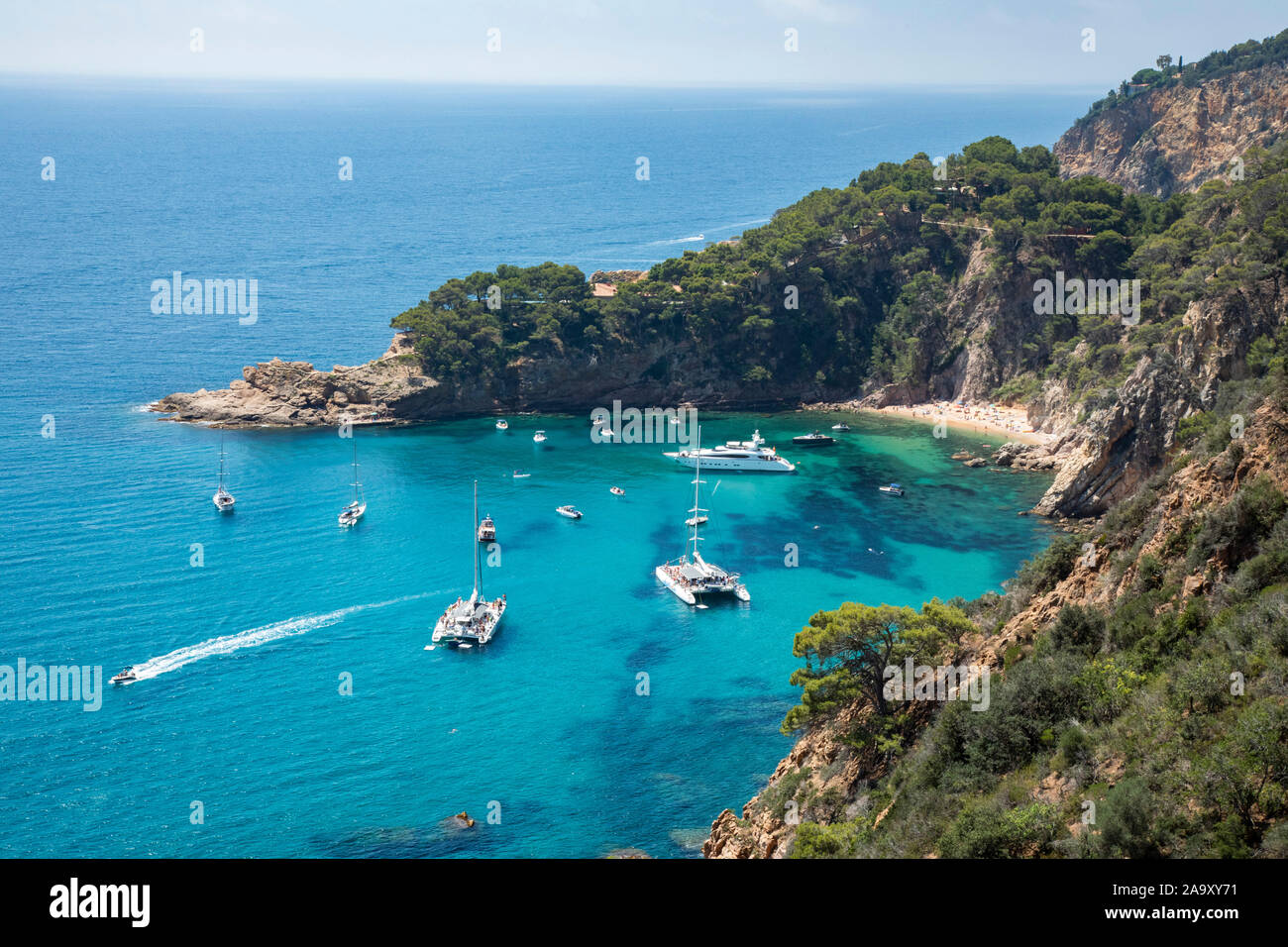 Sail Boats and yachts along the coast of Spain, Europe, Catalonia ...