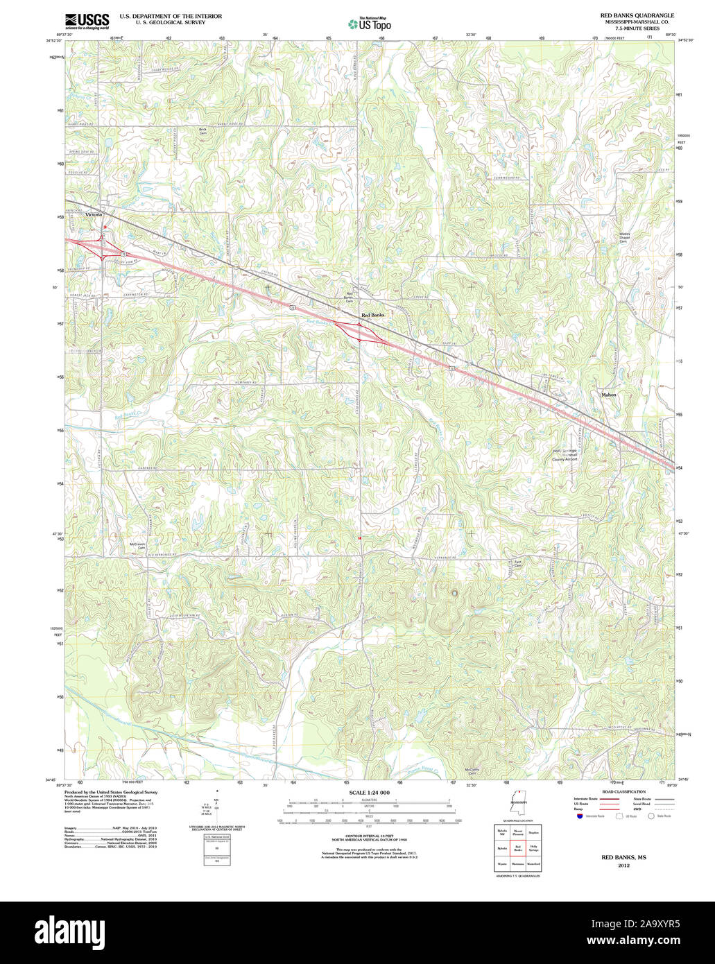 USGS TOPO Map Mississippi MS Red Banks 20120402 TM Restoration Stock ...
