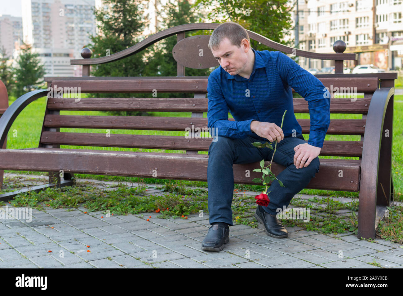 A sad man with a rose in his hands sits on a bench after parting with ...