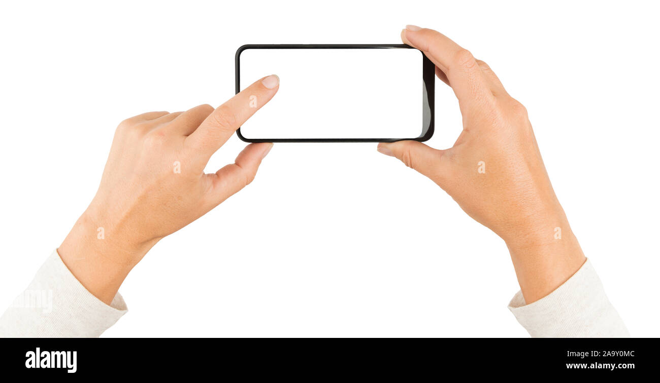 Woman hands taping a smartphone screen isolated on white. Template with ...