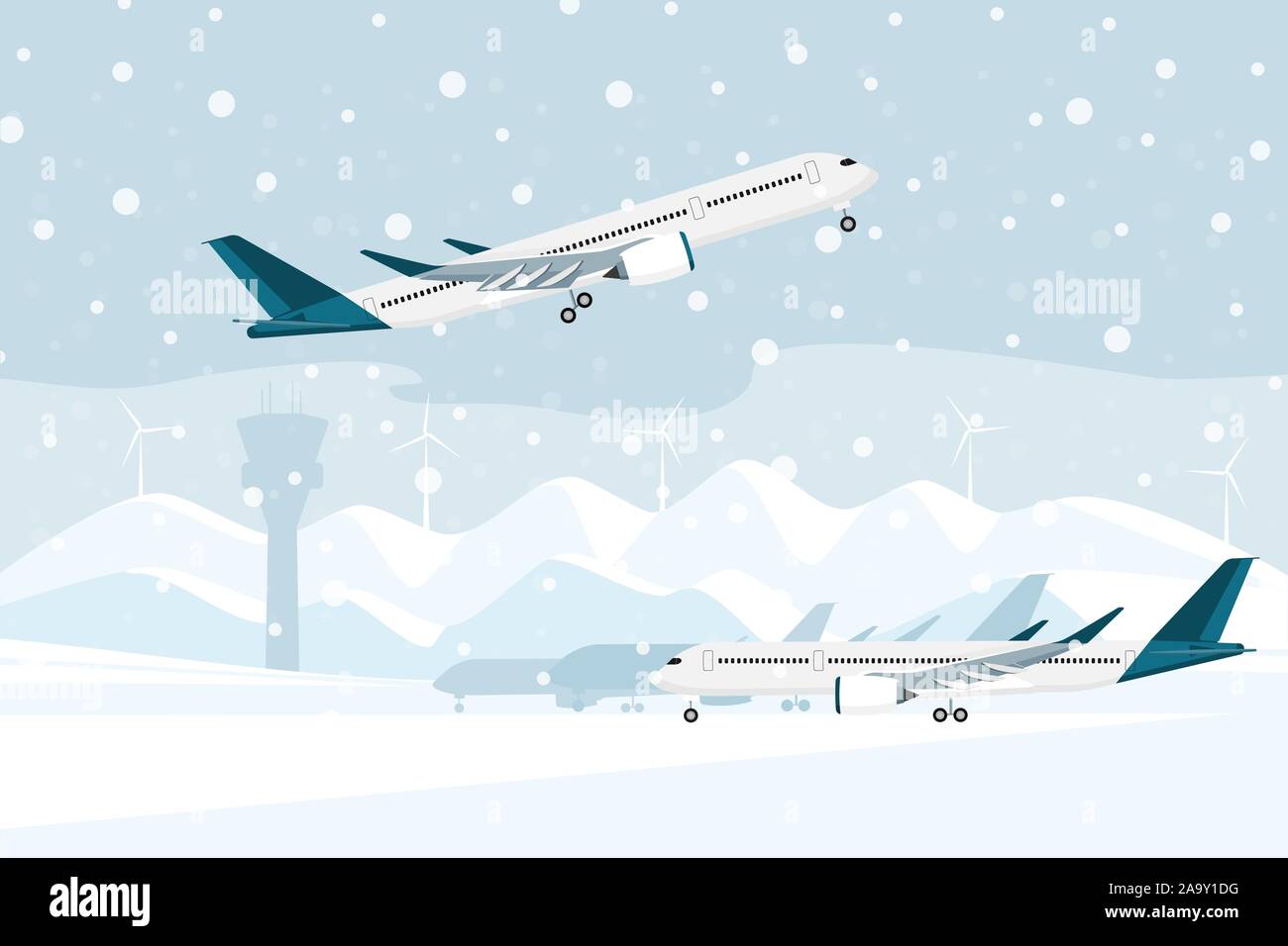 The plane takes off from the airport during a snowfall. Vector ...