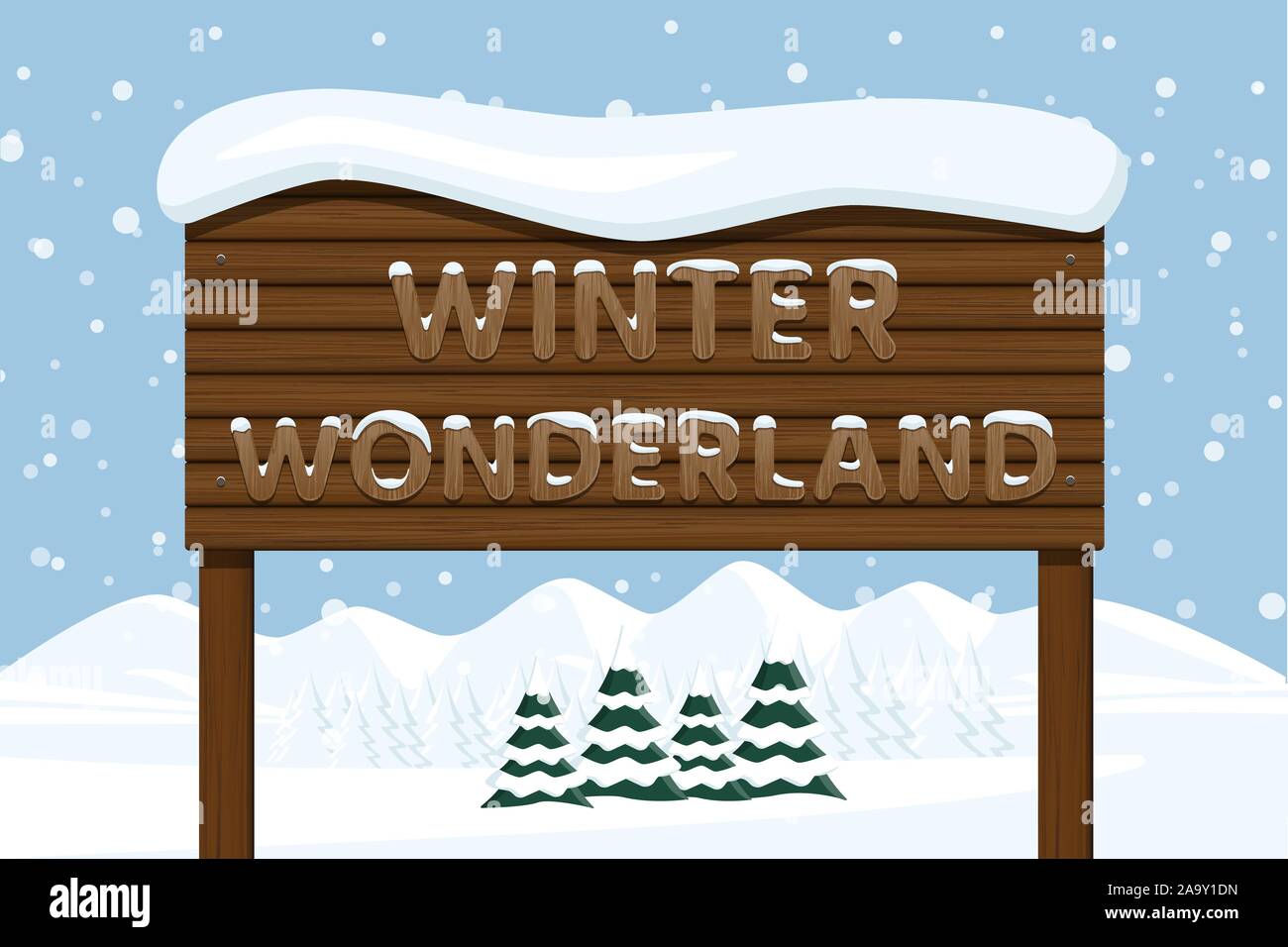 Woden signboard with inscription "Winter wonderland". Vector banner ...