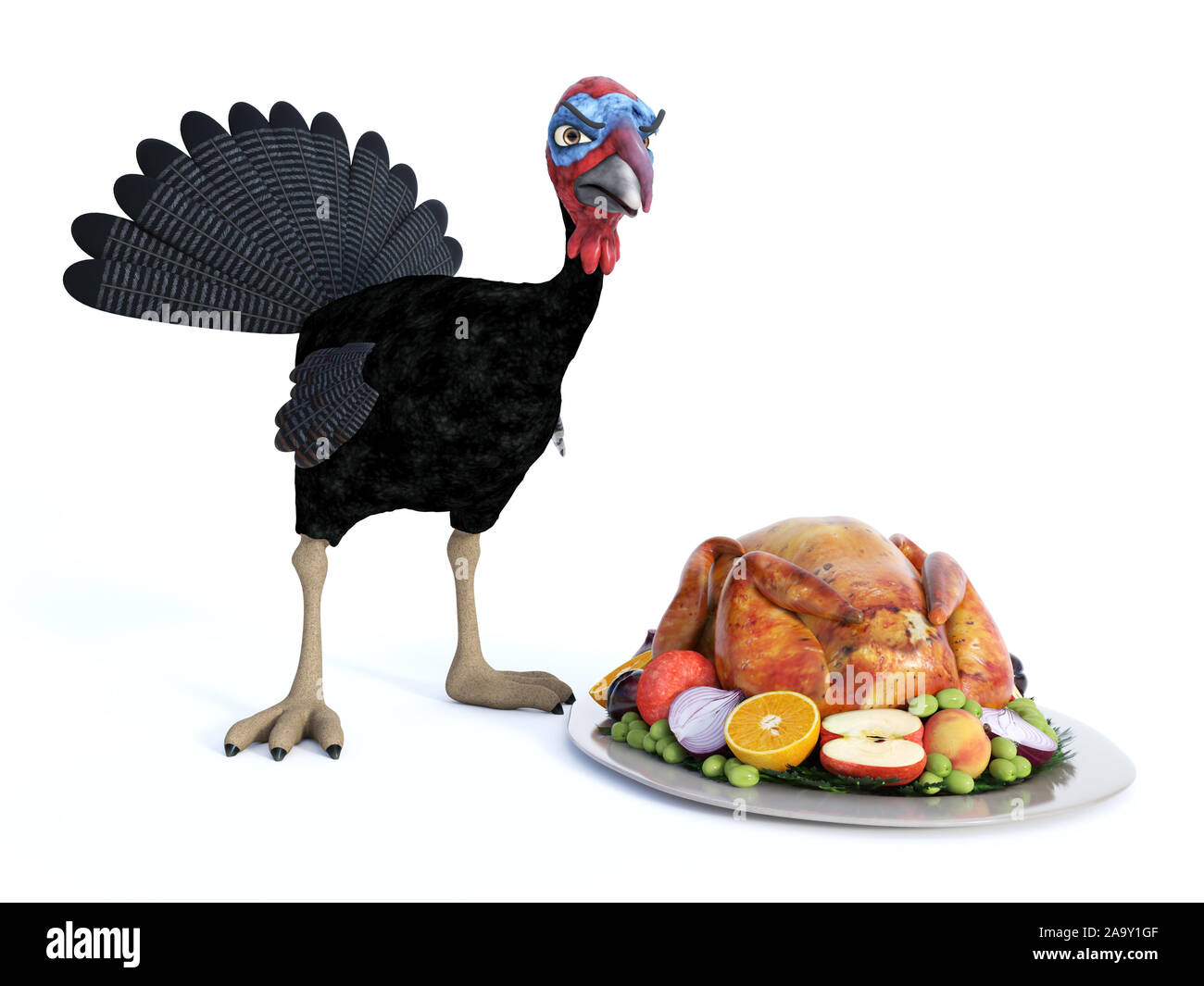 3D rendering of a silly cartoon turkey looking angry when he sees a ...