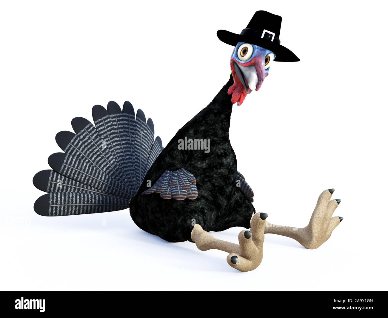 3D rendering of a silly cartoon turkey sitting and wearing a pilgrim ...