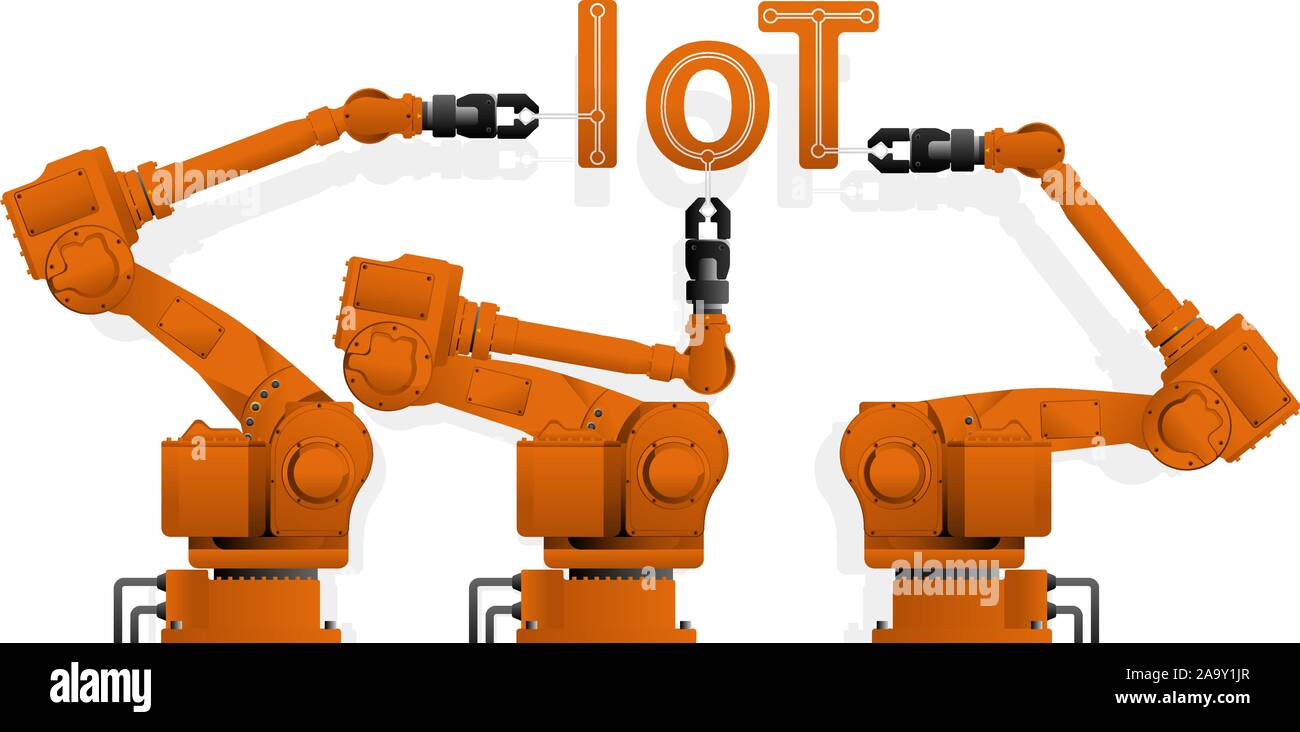 Robots assemble inscription "IoT". Industrial Internet of Things ...
