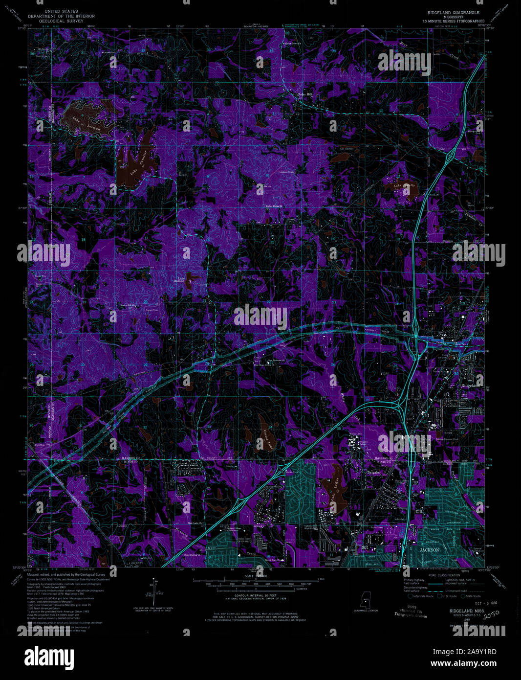 USGS TOPO Map Mississippi MS Ridgeland 336391 1980 24000 Inverted ...