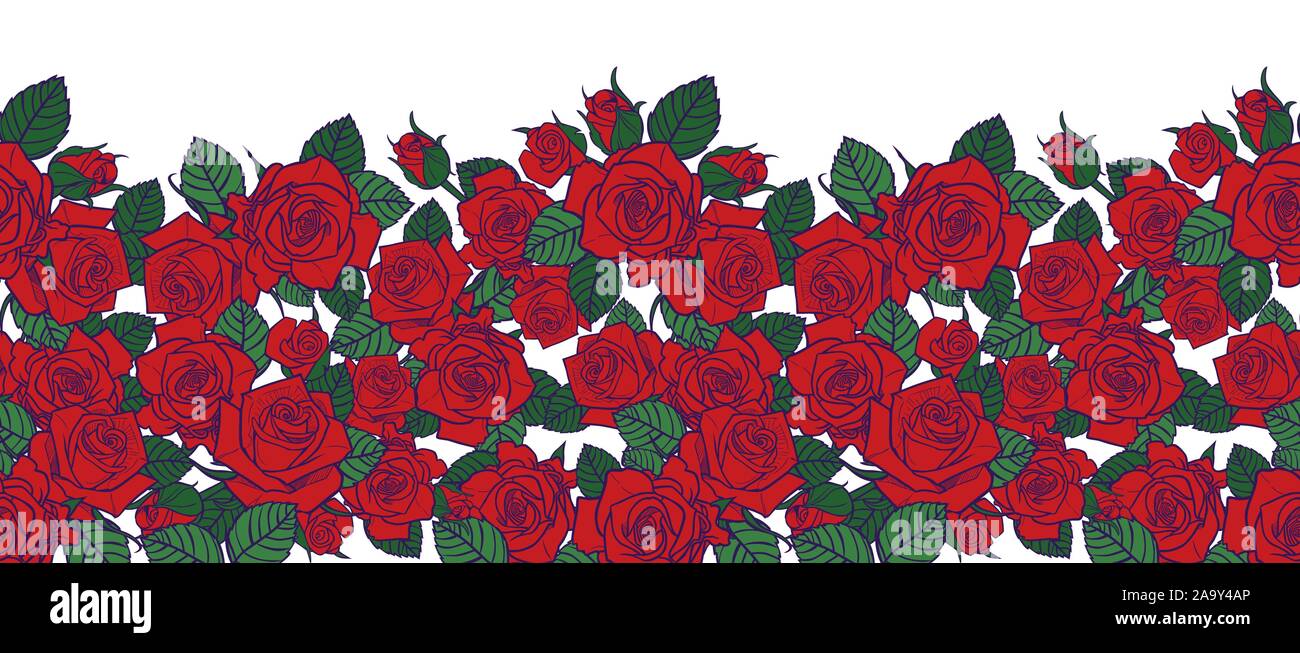 Vector red roses and leaves with purple outlines with white background ...