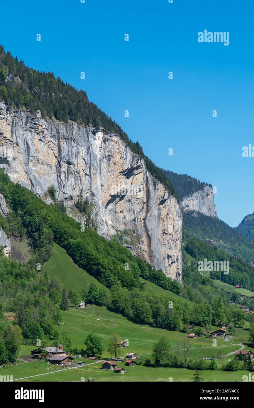 Panoramic view of Lauterbrunnen, the Staubbach fall and the ...