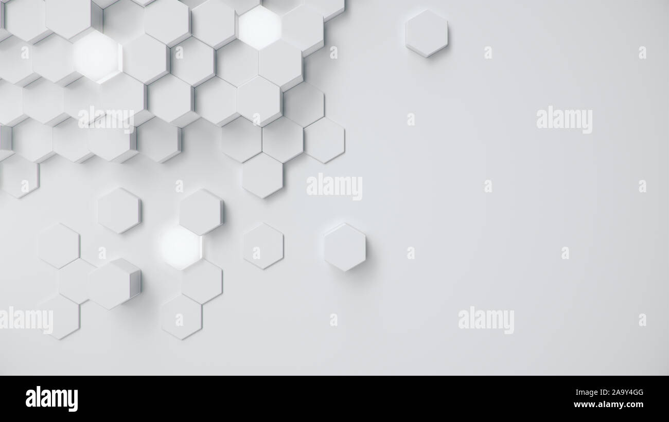 White geometric hexagonal abstract background. Surface polygon pattern with glowing hexagons ...