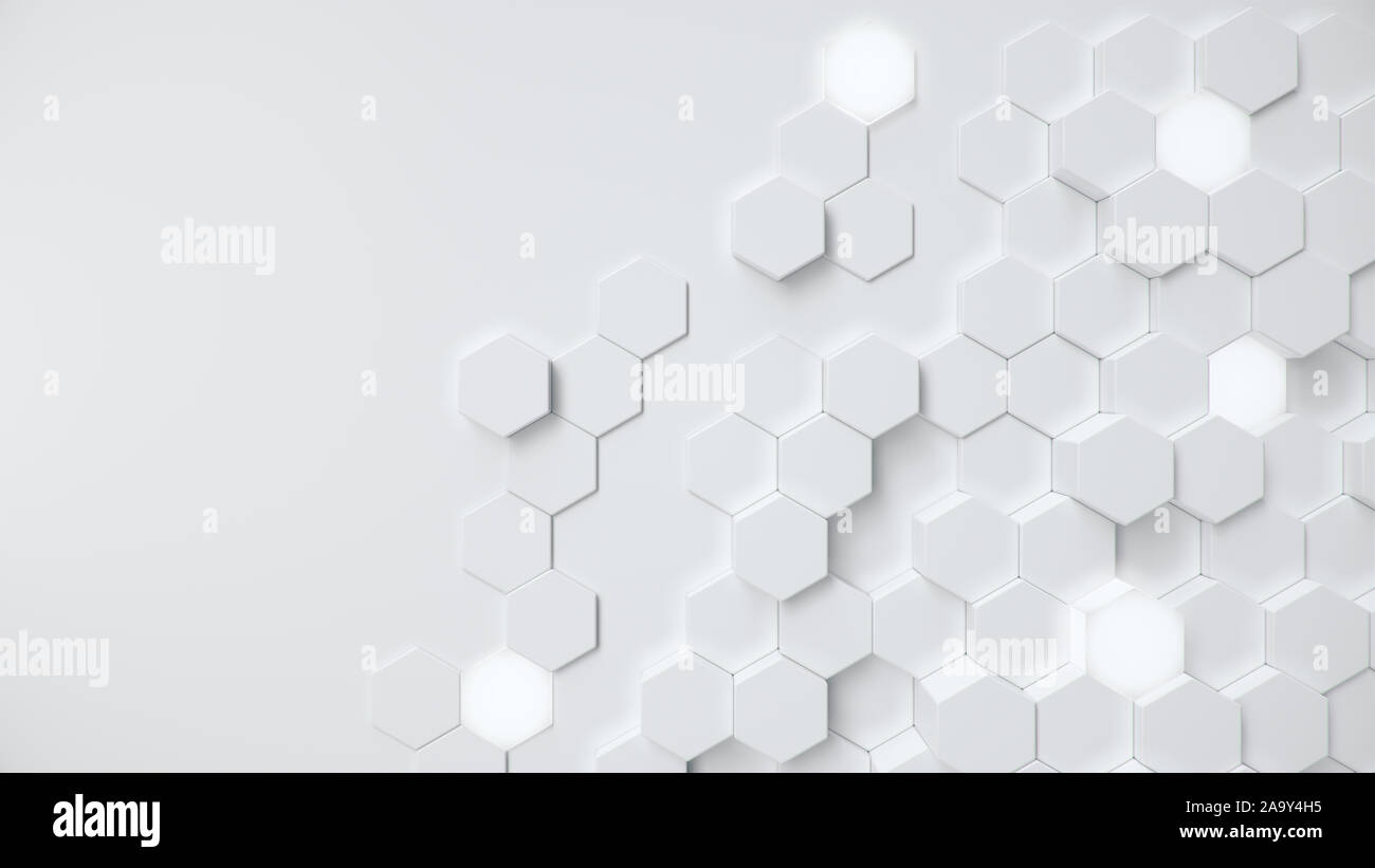 White geometric hexagonal abstract background. Surface polygon pattern with glowing hexagons ...