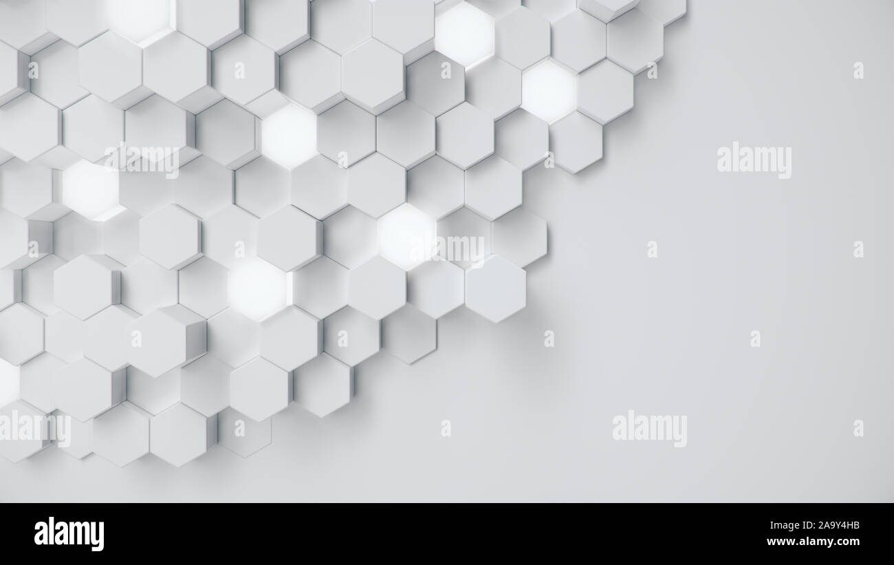White geometric hexagonal abstract background. Surface polygon pattern with glowing hexagons ...