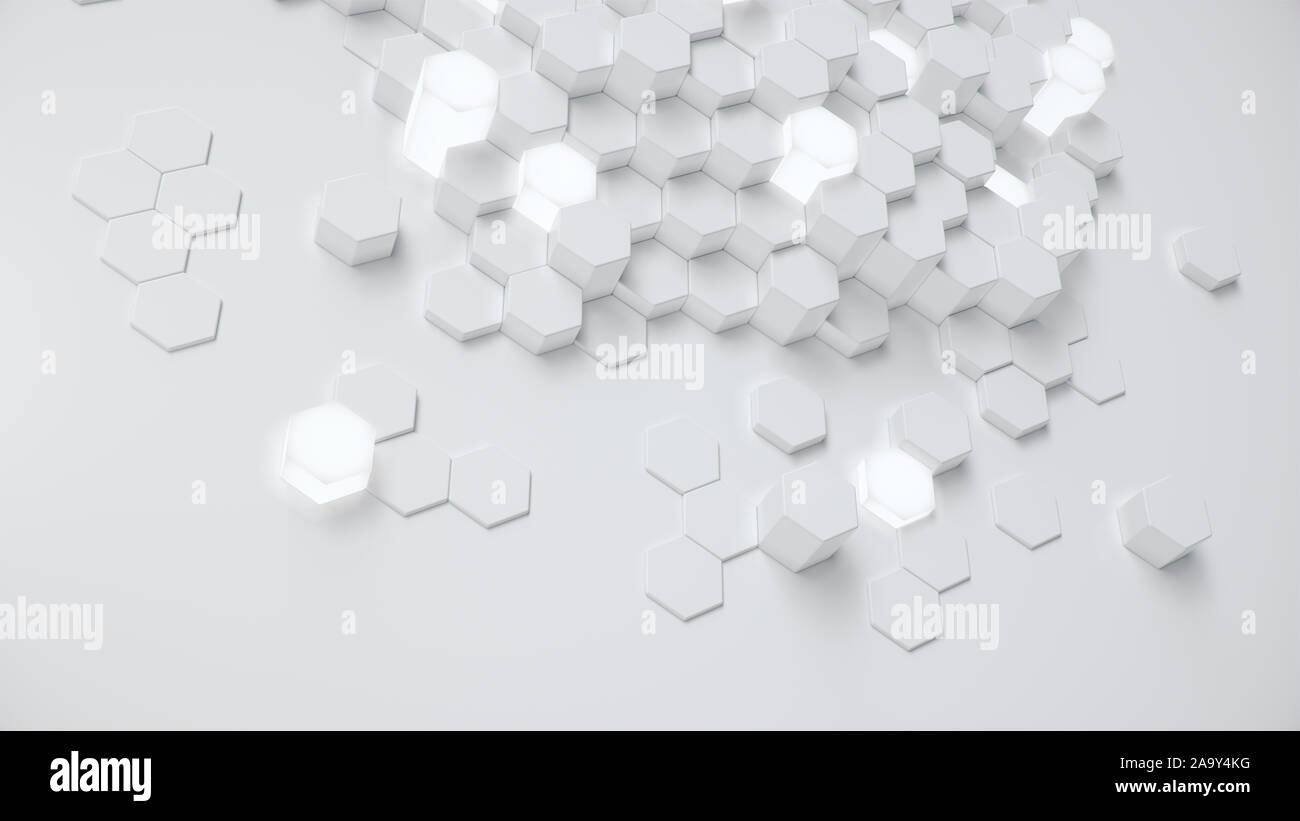 White geometric hexagonal abstract background. Surface polygon pattern with glowing hexagons ...