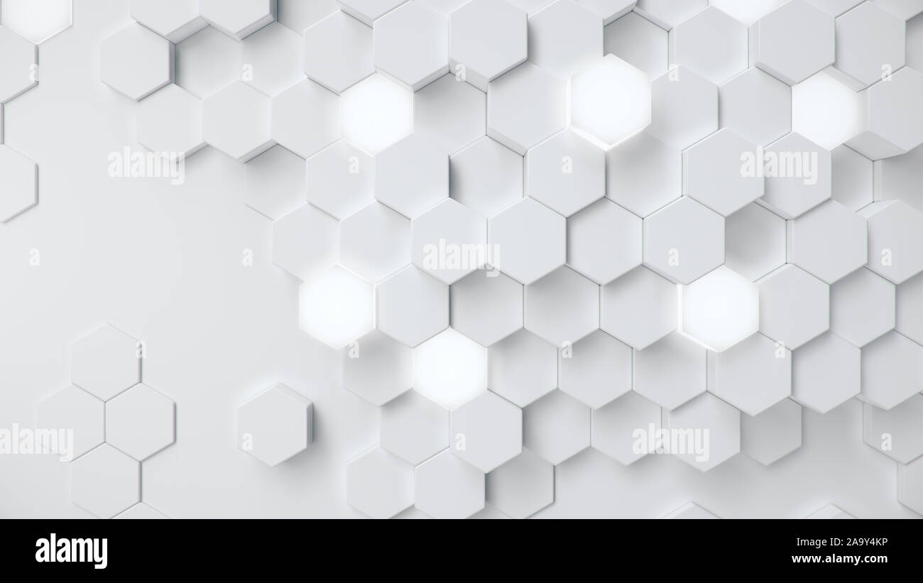 White geometric hexagonal abstract background. Surface polygon pattern with glowing hexagons ...