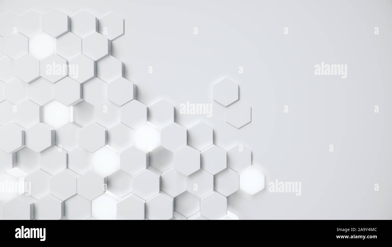 White geometric hexagonal abstract background. Surface polygon pattern with glowing hexagons ...