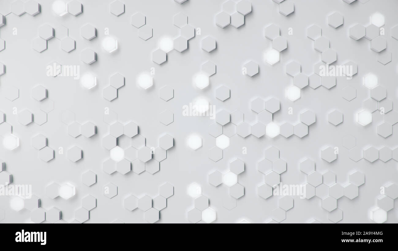White geometric hexagonal abstract background. Surface polygon pattern with glowing hexagons ...