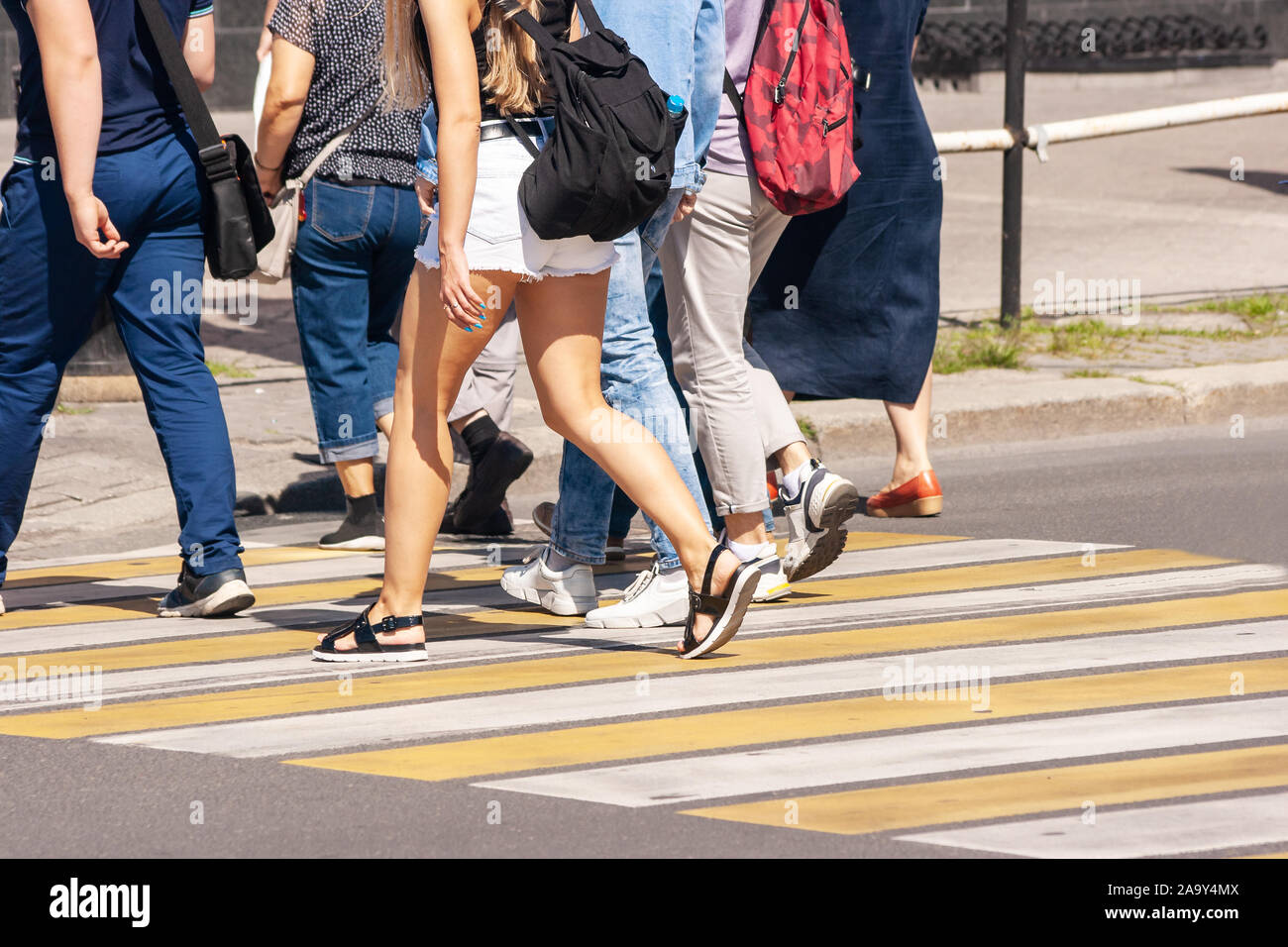 pedestrians crossing the road at a crosswalk in the city on summer day ...