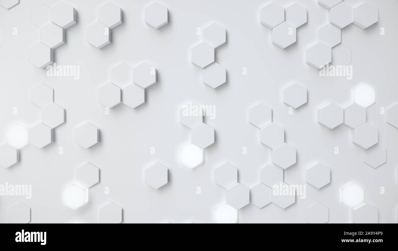 White geometric hexagonal abstract background. Surface polygon pattern with glowing hexagons ...