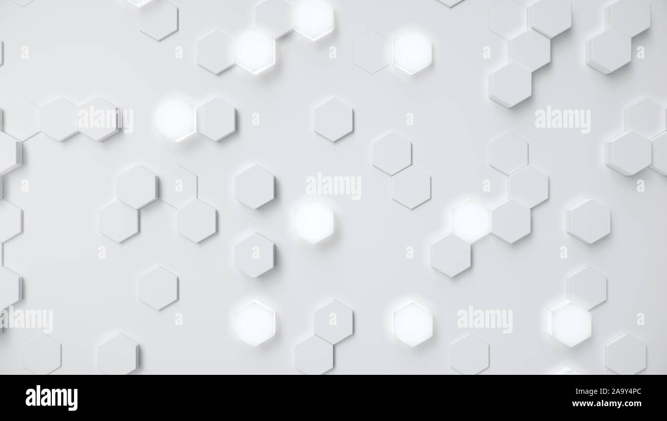 White geometric hexagonal abstract background. Surface polygon pattern with glowing hexagons ...