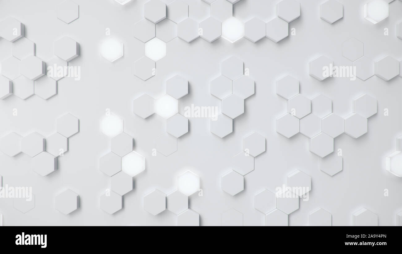 White geometric hexagonal abstract background. Surface polygon pattern with glowing hexagons ...
